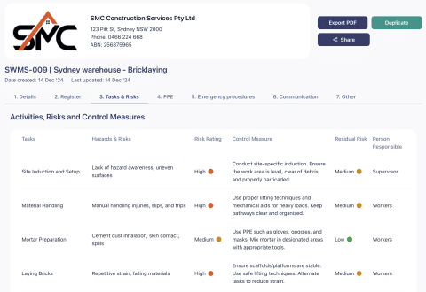 Bricklaying SWMS template - SafetyCheck