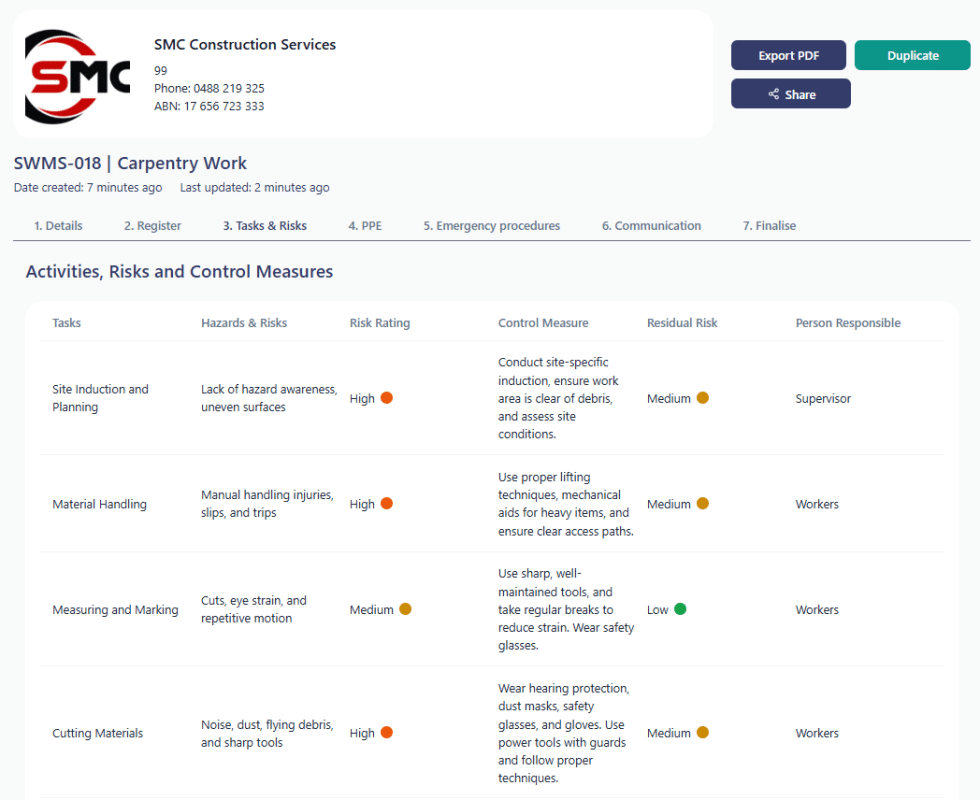 Carpentry SWMS template - SafetyCheck
