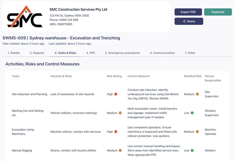 Excavation and Trenching SWMS template - SafetyCheck