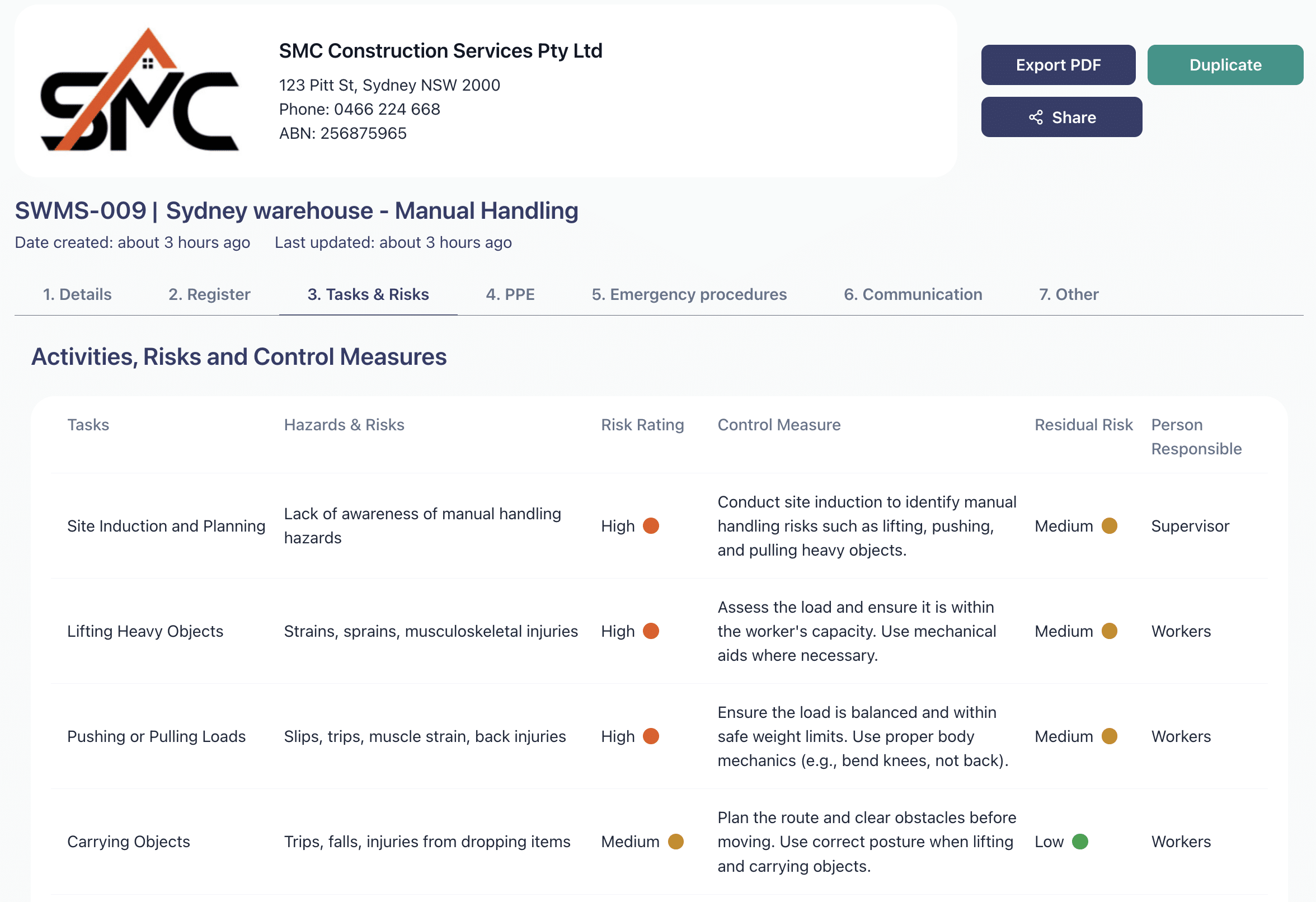 Manual Handling SWMS template - SafetyCheck