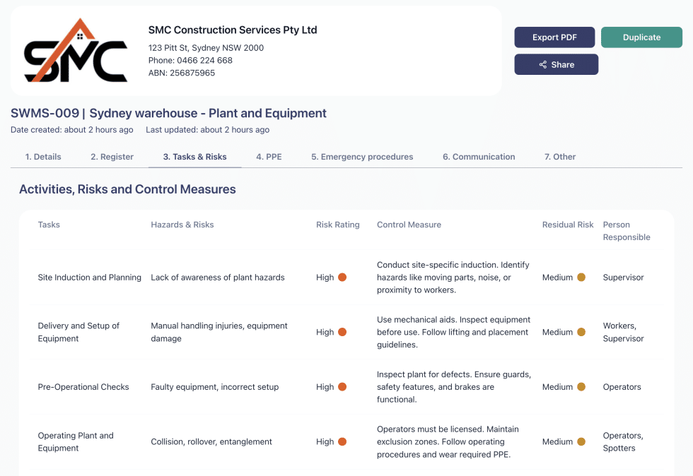 Plant and Equipment SWMS template - SafetyCheck