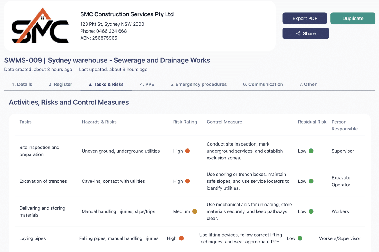 Sewerage and Drainage Works SWMS template - SafetyCheck