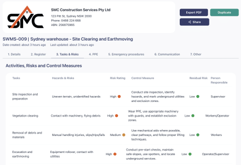 Site Clearing and Earthmoving SWMS template - SafetyCheck