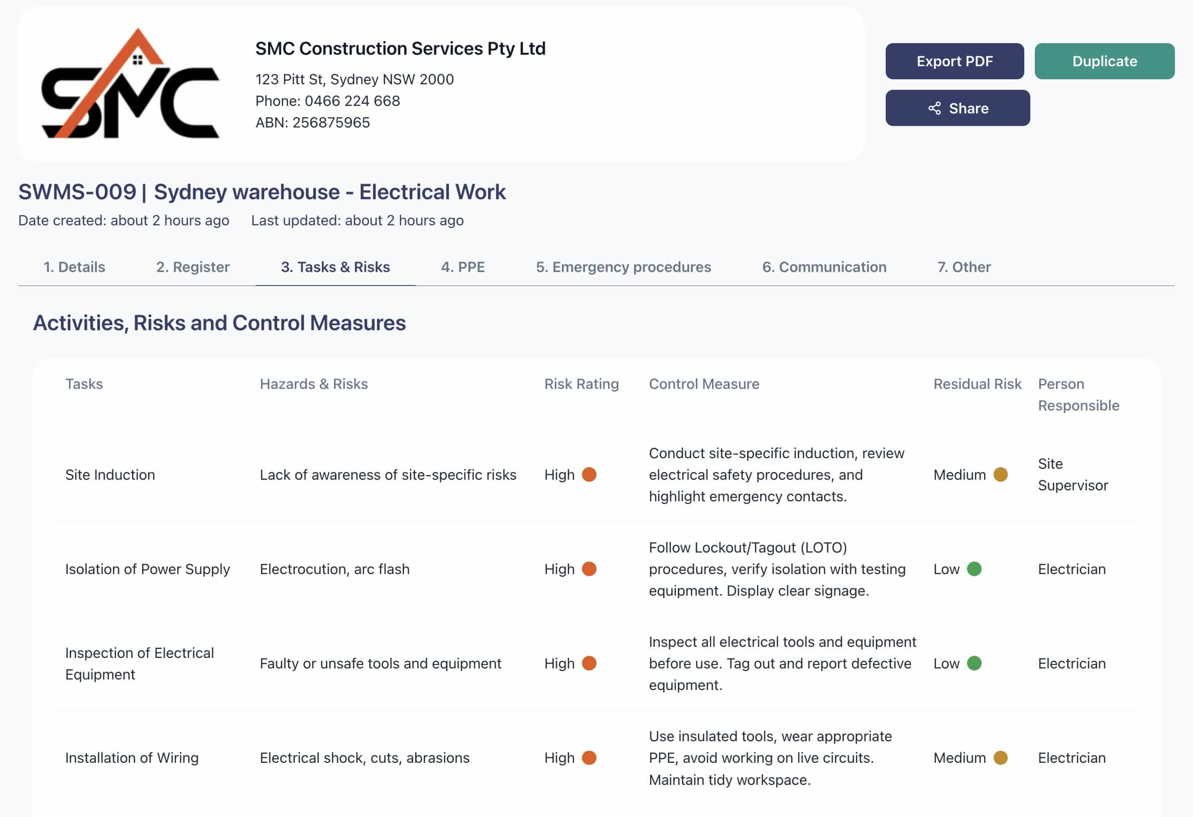 Electrical Work SWMS template - SafetyCheck