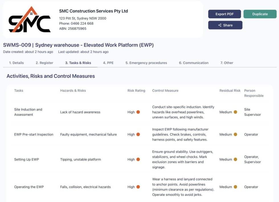 Elevated Work Platform SWMS Template - SafetyCheck