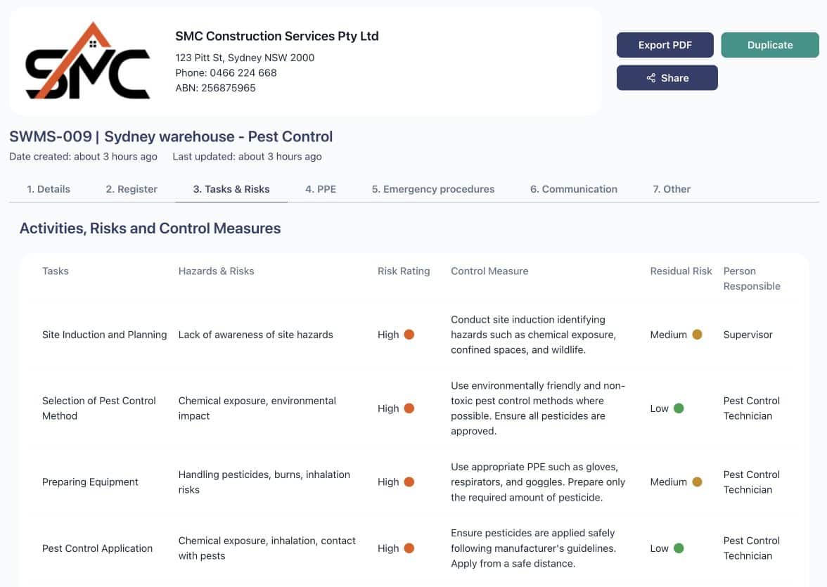 Pest Control SWMS template - SafetyCheck