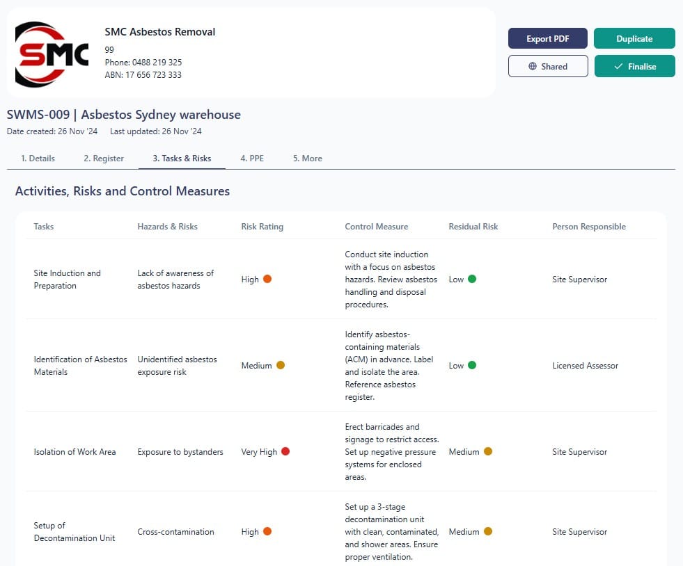 Asbestos Removal SWMS template - SafetyCheck