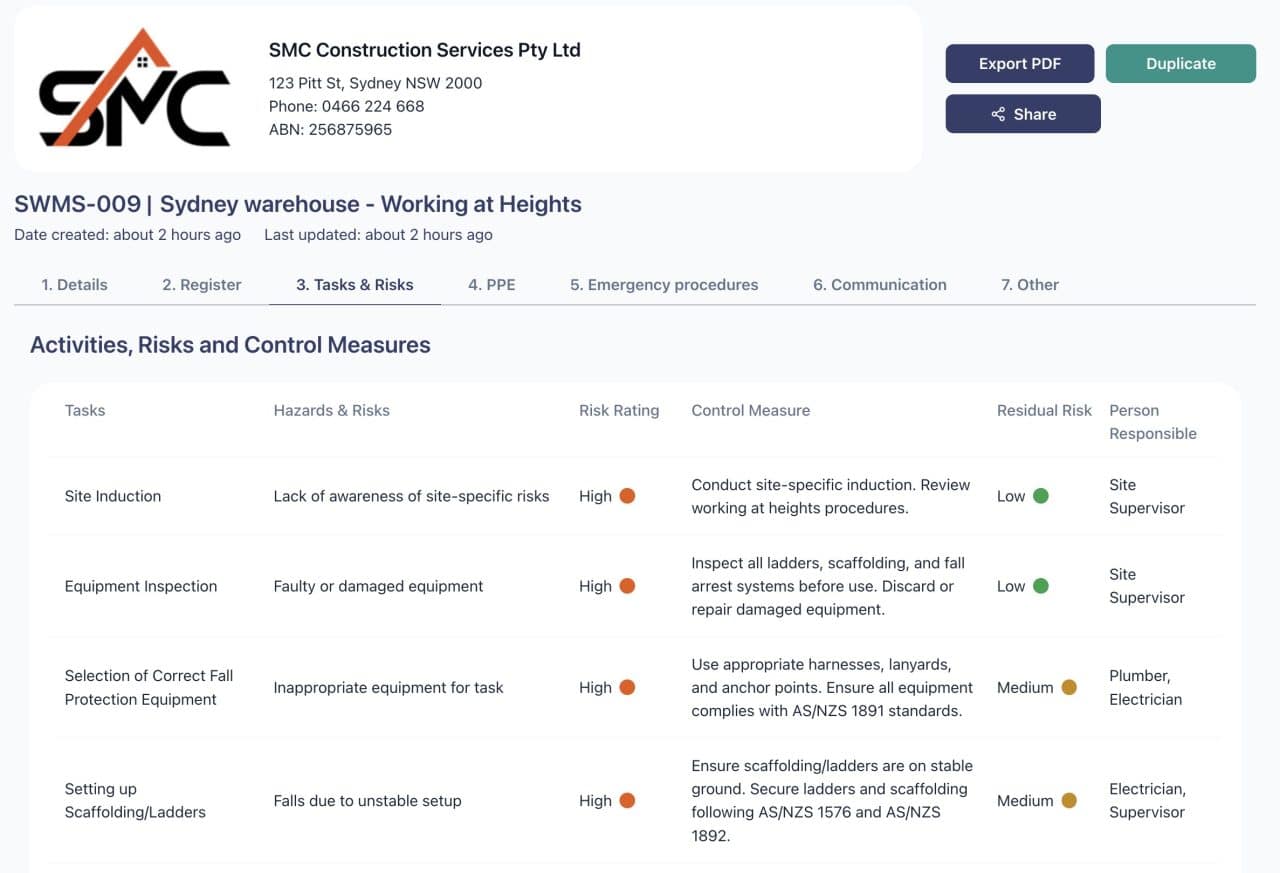 Working at Heights SWMS template - SafetyCheck